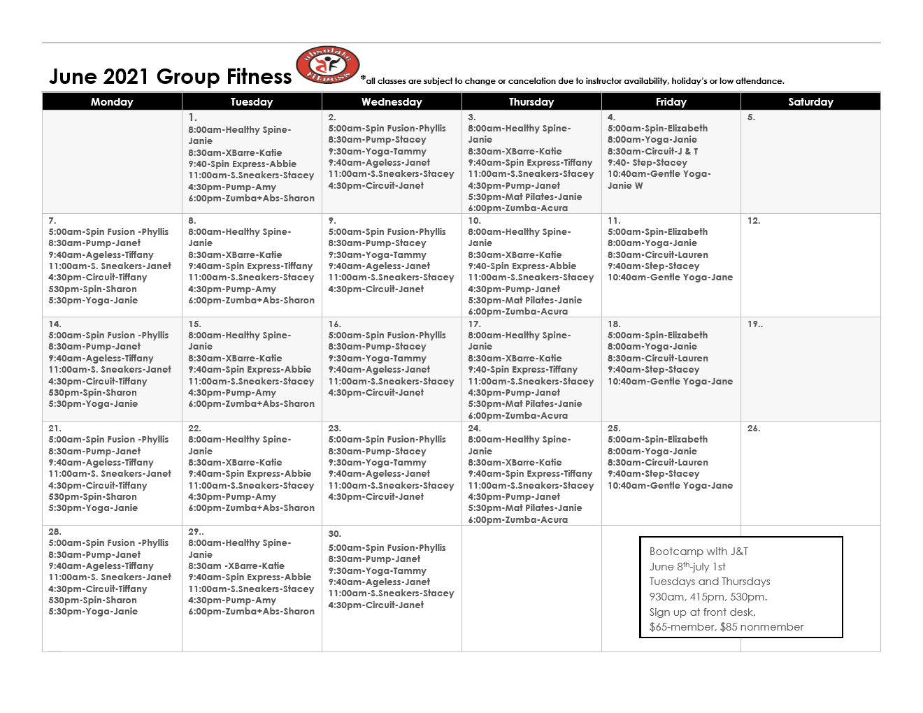 Group Fitness Schedule - Absolute Fitness